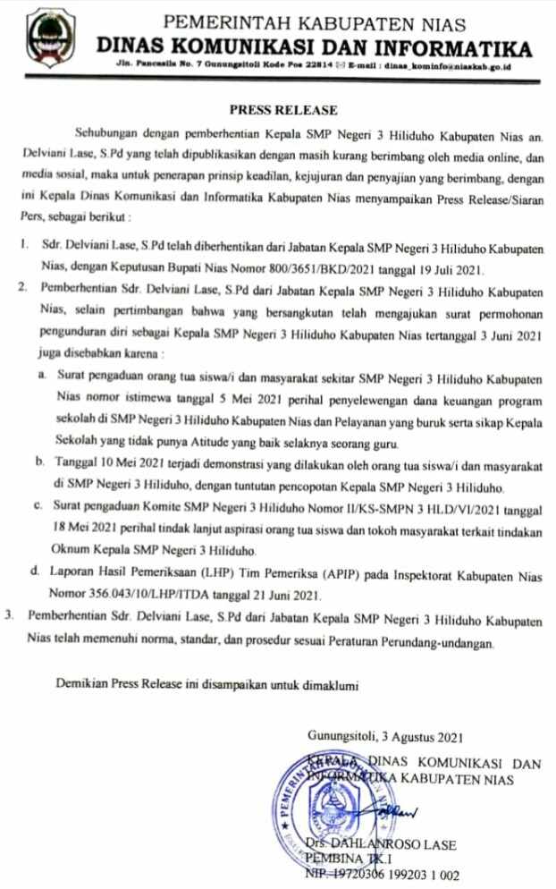 Pemberhentian Delviani Lase Dari Jabatan Sebagai Kasek SMPN 3 Hiliduho Sudah Memenuhi Prosedur ...